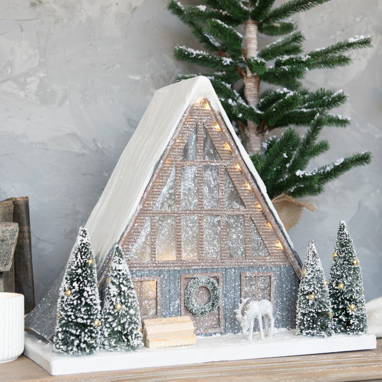 Ragon House Christmas Putz Style Light Up 13.75" Snowy A Frame Cabin w ...